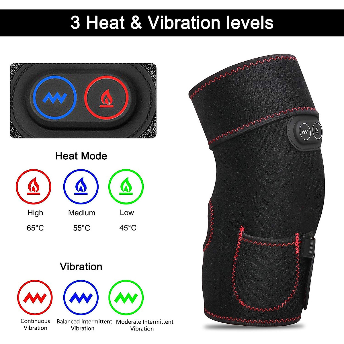 PKSTONE Heated Knee Brace Wrap, 3 Adjustable Heat and Vibration Knee Massager for Arthritis Knee Pain Relief Massaging Knee Pad with AC Adapter (No Battery)