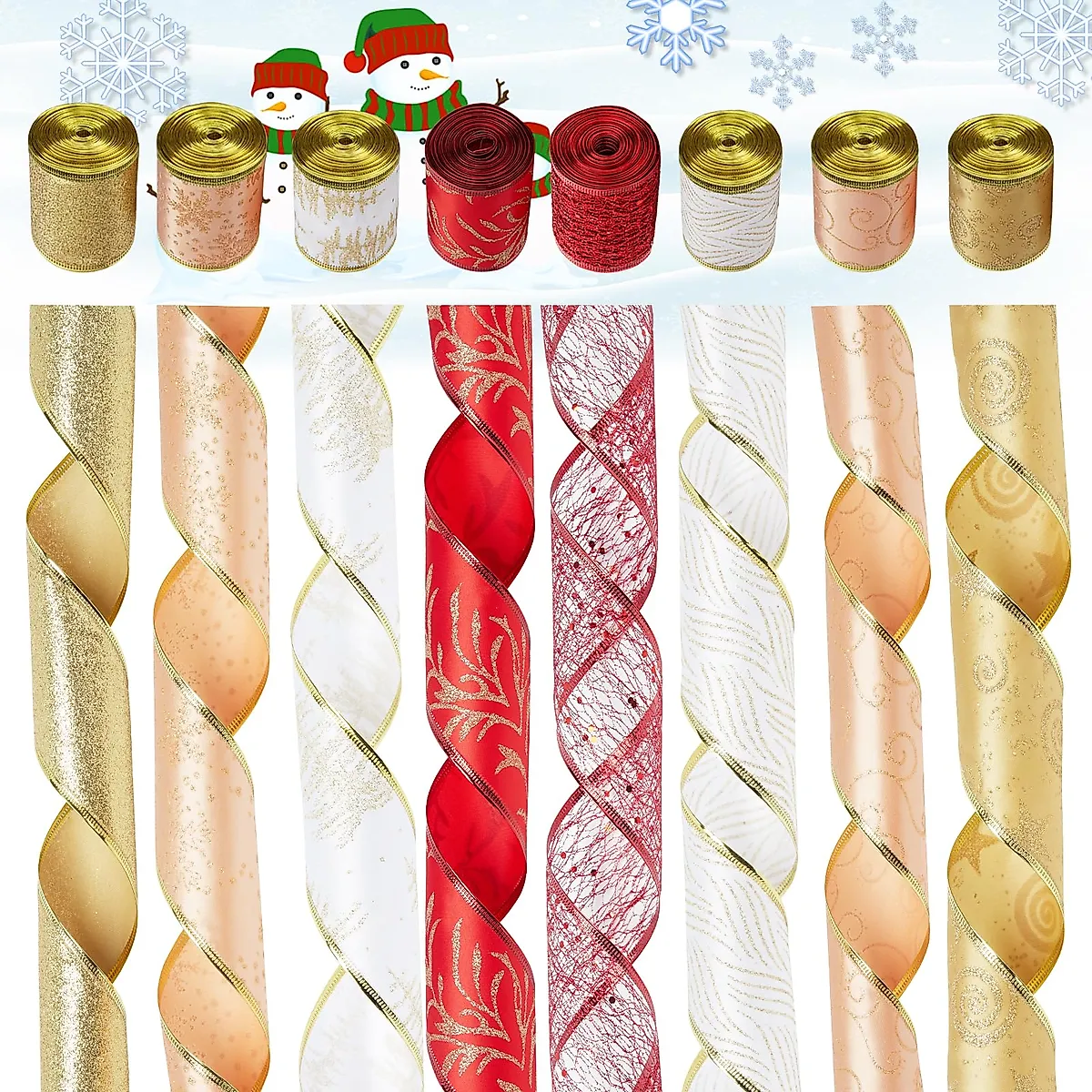 8 Rolls Wired Ribbon for Christmas Tree - 2.5 Inch x 40 Yards Assorted Elegant Organza Glitter Christmas Ribbon for Crafts, Wreath, Home Decoration (Red & White)