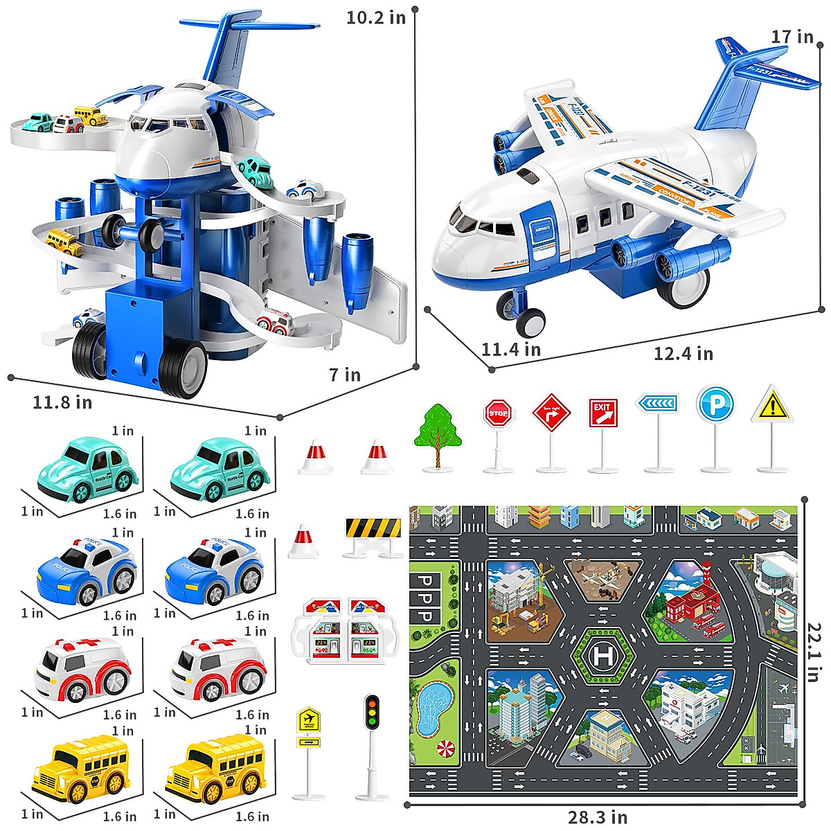 TEMI Kids Airplane Toys Race Tracks Car Toys for 3 4 5 6 7 Boys - Transport Airplane Adventures Car Toys for Toddler Age 2-6 with 8 City Cars, Garage Parking Lot Playmat, Birthday Gifts for Girls