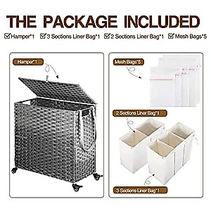 Greenstell Laundry Hamper with Wheels&Lid, 125L Large 3 Sections Clothes Hamper with 2 Removable Liner Bags, 5 Mesh Laundry Bags, Handwoven Divided Laundry Basket Gray