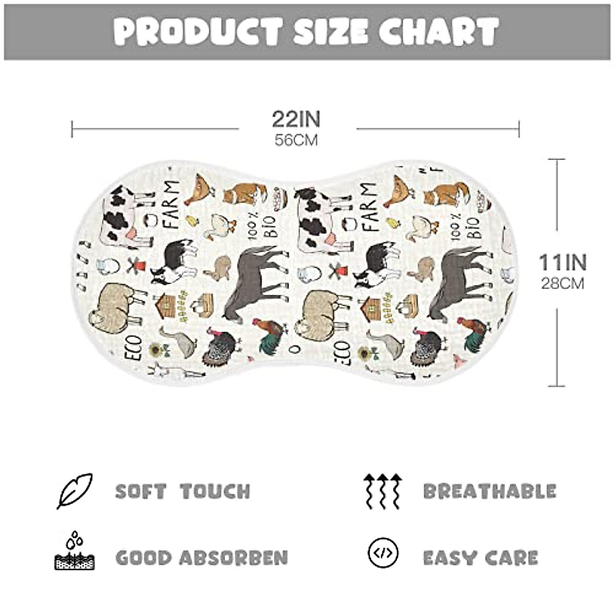 Kigai Farm Animals Muslin Baby Burp Cloths - Super Absorbent and Soft Burping Rags - Cotton Burp Clothes Set for Boys and Girls, 1 Pack