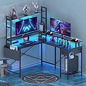 Huuger L Shaped Desk Gaming Desk with LED Lights & Power Outlets, Computer Desk with Storage Shelves, Corner Desk Home Office Desks for Bedroom, Black