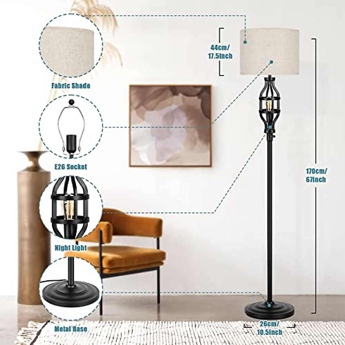 Farmhouse Floor Lamp with Night Light, Black Standing Lamp for Living Room, Vintage 2-Light Tall Lamp with Fabric Drum Shade, Industrial Pole Light with E26 Edison Base for Bedroom Home Decor