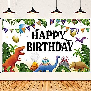 Watercolor Dinosaur Happy Birthday Banner Backdrop, 73'' x 43'' Jungle Theme Dinosaur Birthday Party Decoration Supplies Photography Background for Boys