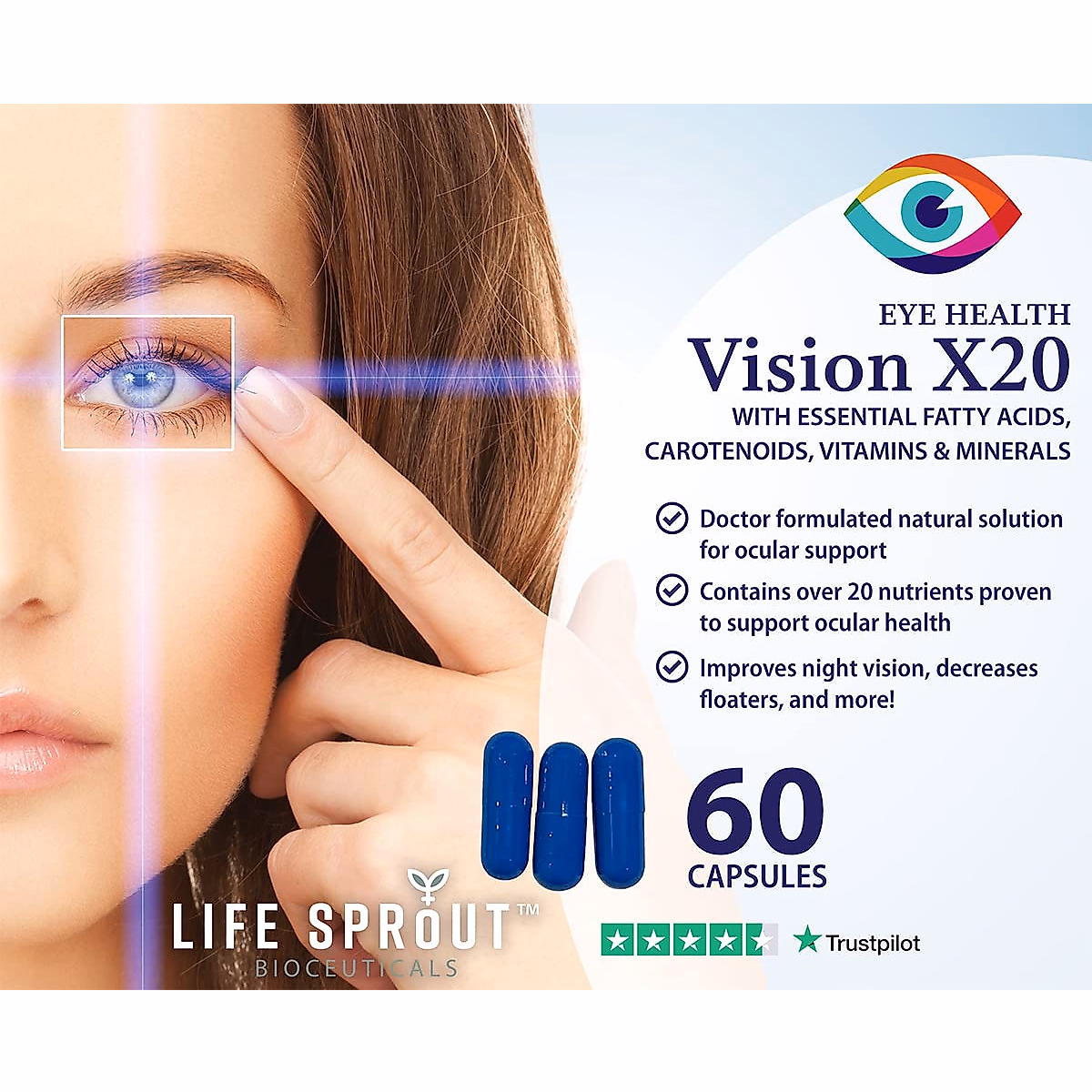 Vision X20 with Lutein, Beta-Carotene, L-Glutatione, Bilberry and Niacin for Vision Support, Overall Eye Health