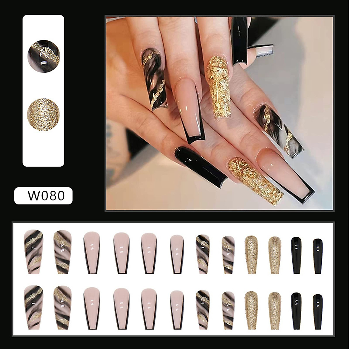 YOSOMK French Tip Press on Nails Long with Designs Black and Gold False Fake Nails Press On Coffin Artificial Nails for Women Stick on Nails With Glue on Static nails