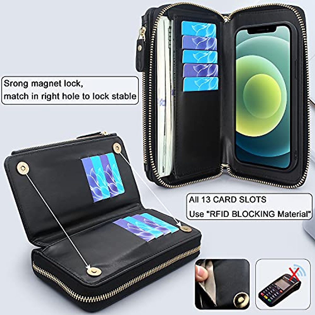 Lacass Dual Zipper Leather Wallet Case Card Slots [Cards Theft Scan Protection] Detachable Magnet Phone Cover Money Pocket Crossbody Chain Lanyard for iPhone 12/12 Pro (Black)