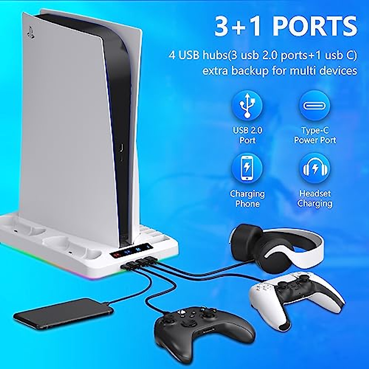 Cooling Stand for Playstation 5 Console Disc/Digital Edition, Cooling Station for PS5 w/Controller Charger,4 USB Hub&16 Games&Media Remote Holder&RGB Lights,Vertical Gaming Base for PS5 Accessories