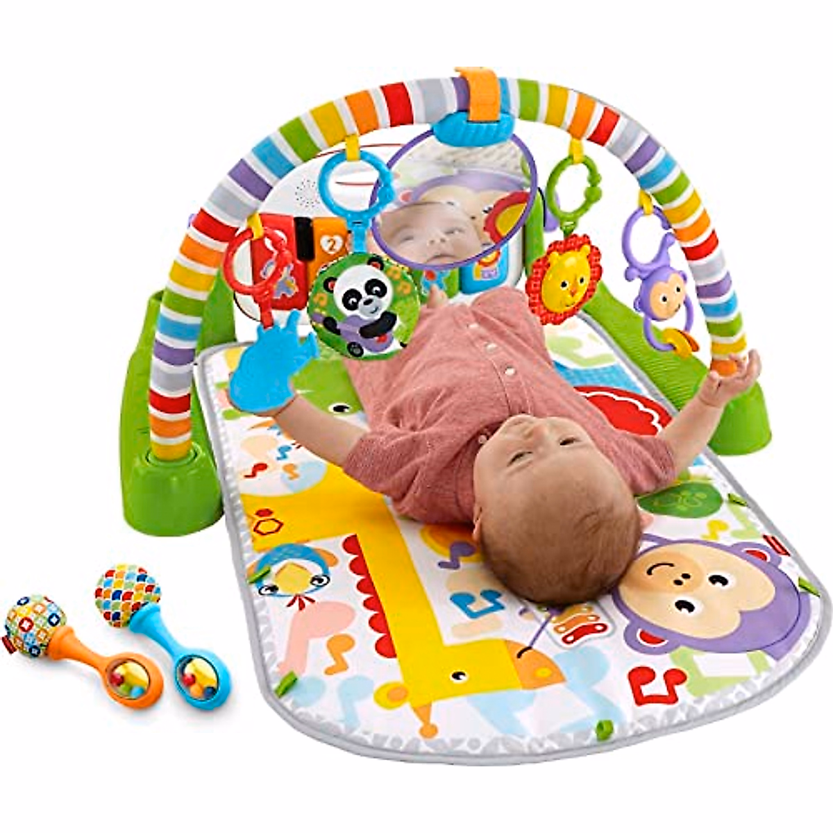 Fisher-Price Baby Playmat Deluxe Kick & Play Piano Gym & Maracas With Smart Stages Learning Content, 5 Linkable Toys & 2 Soft Rattles [Amazon Exclusive]