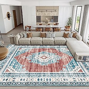 Boho Area Rug 8x10 Large Rug: Washable Non-Slip Rugs Chenille Print Rug Soft Low-Pile Indoor Vintage Carpet for Living Room Bedroom Dining Table Kitchen Home Office(BeigeBrown, 8'x10')