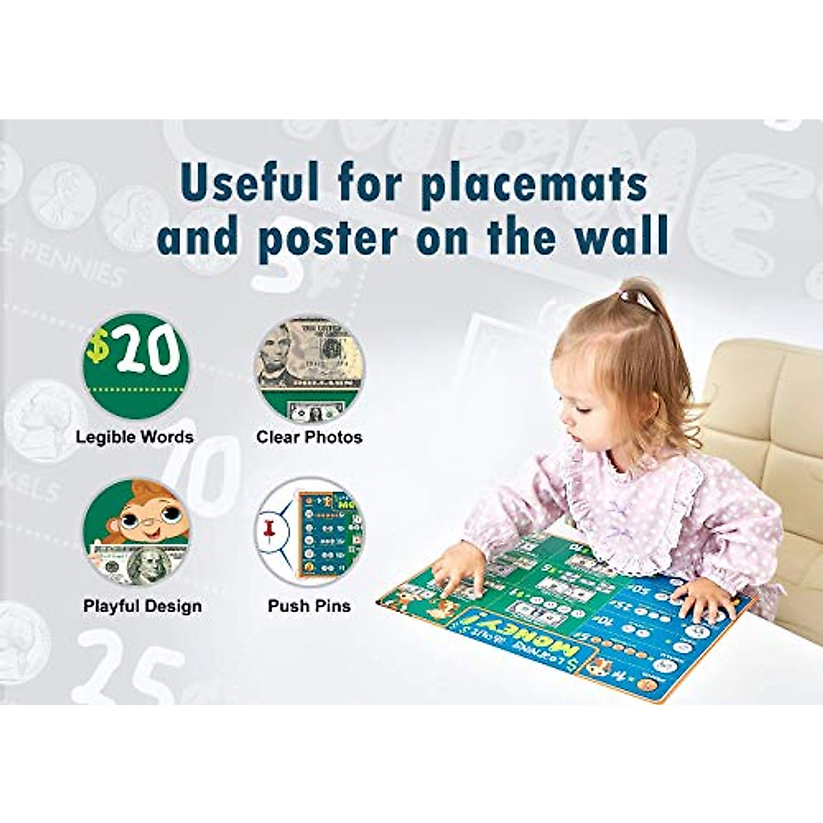 UNCLE WU Learning About Money Placemats - Early Childhood Education Materials Preschool -16 x 12 inch Waterproof Poster