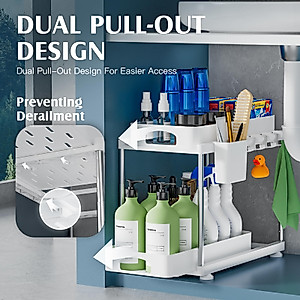 VERIFOST 2 Pack Under Sink Organizers and Storage, Double Sliding Kitchen Cabinet Organizer, 2 Tier Height Adjustable Countertop Organizer for Kitchen Bathroom Laundry, White