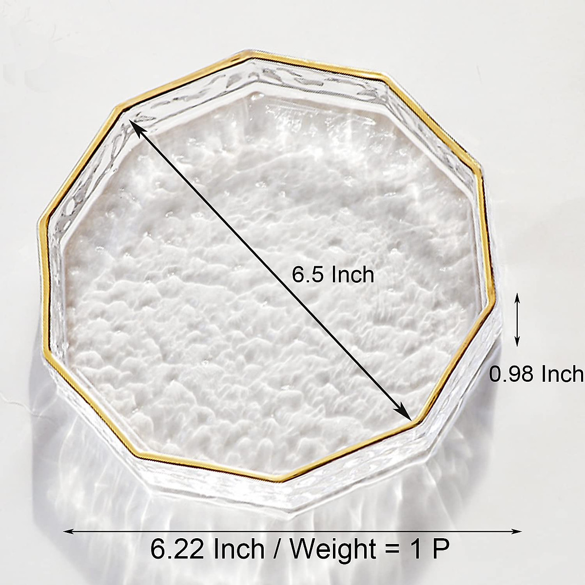 7 Inch Decagon Glass Tray with Gold Rim, Clear Hammered Vanity Makeup Tray with 1” Wall, Thick Decorative Dresser Bathroom Tray Perfume Display Tray Cosmetic Tray for Tabletop Countertop S, Halyuhn