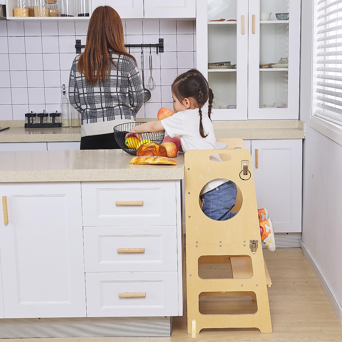 4-in-1 Foldable Kitchen Stool Helper with Safety Crossbar, Standing Toddlers Tower with Chalkboard for Learning, Montessori Folding Desk Table and Chair Set for Kids 1-6 Years