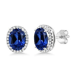 Gem Stone King 5.08 Cttw Blue Created Sapphire Halo Earrings For Women In 925 Sterling Silver | Oval 9X7MM