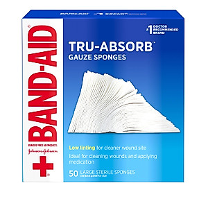 Band-Aid Brand First Aid Products Tru-Absorb Sterile Gauze Sponges for Cleaning and Cushioning Minor Wounds, Cuts & Burns, Low-Lint Design, Individually Wrapped 4 in by 4 in Pads