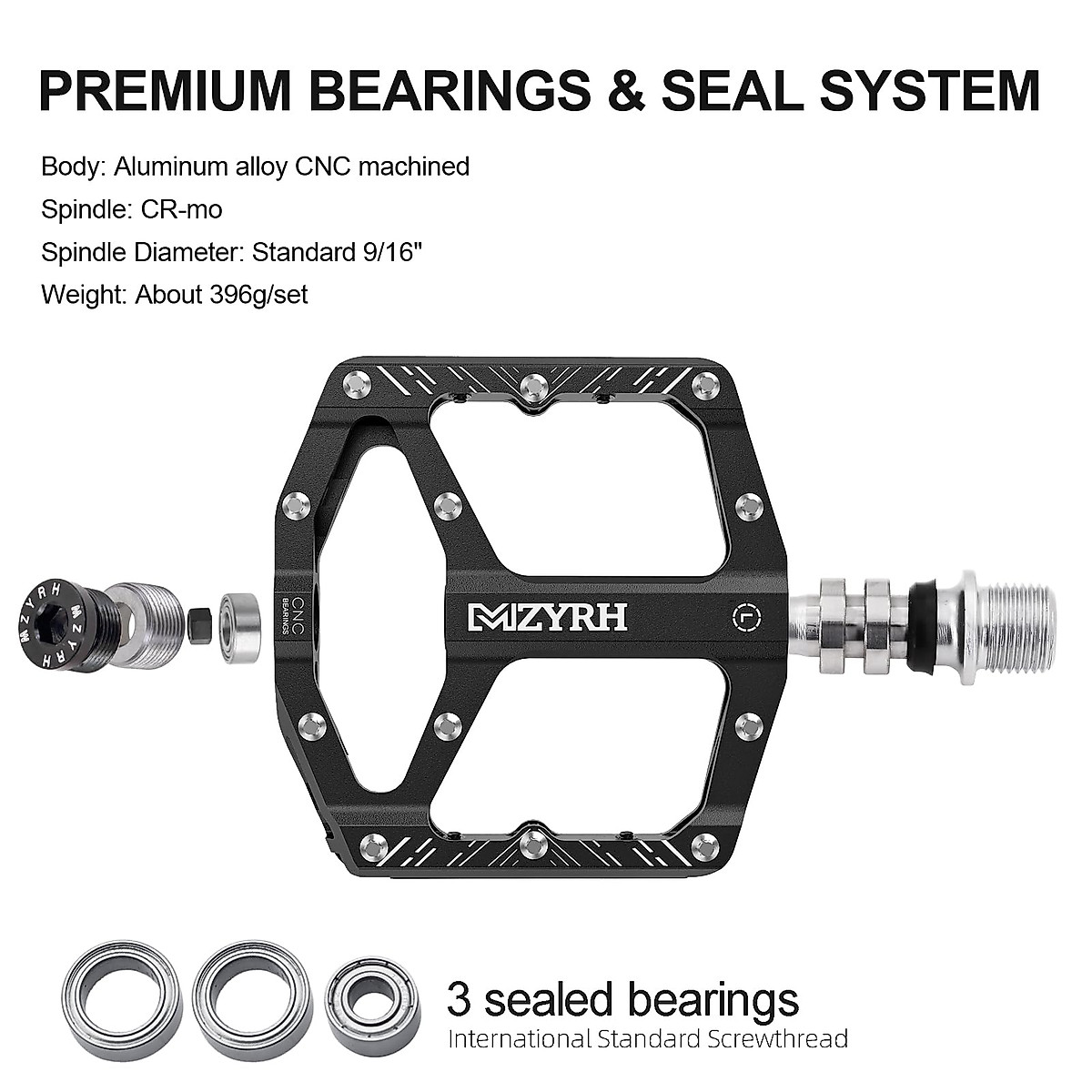 MZYRH Mountain Bike Pedals MTB Pedals,9/16" Non-Slip Lightweight Aluminum Alloy Bicycle Pedals for Road Mountain BMX MTB (Black)