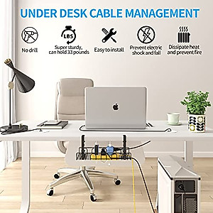 Under Desk Cable Management Tray - 15.7in 2Packs Metal Under Desk Wire Management, High Capacity Adjustable and Removable Cable Management Organizers Holder, No Drill & No Damage, for Office, Kitchens