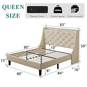 iPormis Queen Bed Frame with Deluxe Wingback & 2 USB Ports, Button Tufted Storage Headboard, Solid Wood Slats Support, No Box Spring Needed, Beige