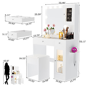 Jaojcoe Makeup Vanity Desk with Lights Mirror, White Vanity with Glass Top & 2 Drawers & 2-Tier Cabinet, 3 Light Settings & Charging Station & Upholstered Stool Dressing Table for Bedroom