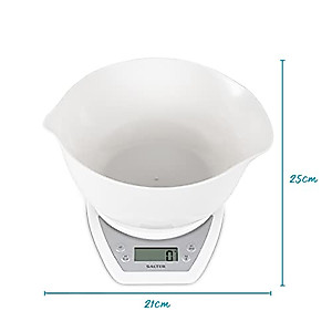 Salter Digital Electronic Kitchen Scales - 2 Litre Dual Pour Mixing Bowl, Perfect for Cooking, Baking, Food/Liquid Weighing, Easy Read Display, Metric/Imperial, 15 Year - White with White Bowl