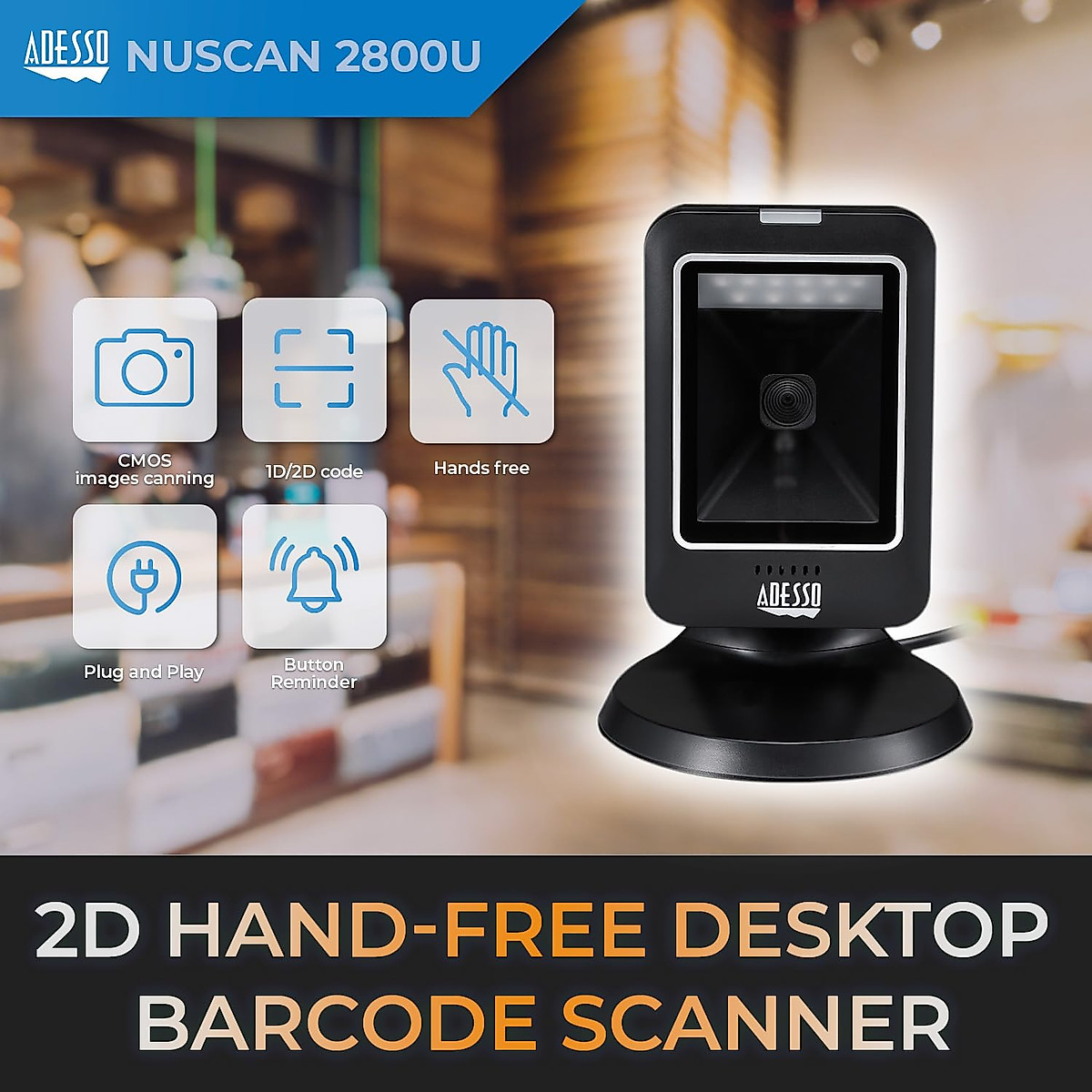 Adesso NuScan 2800U Omnidirectional 2D Desktop Barcode Scanner USB