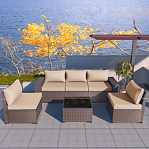 RTDTD Outdoor Patio Furniture Set, 6 Pieces Outdoor Furniture All Weather Patio Sectional Sofa PE Wicker Modular Conversation Sets with Coffee Table,5 Chairs & Seat Clips(Brown)