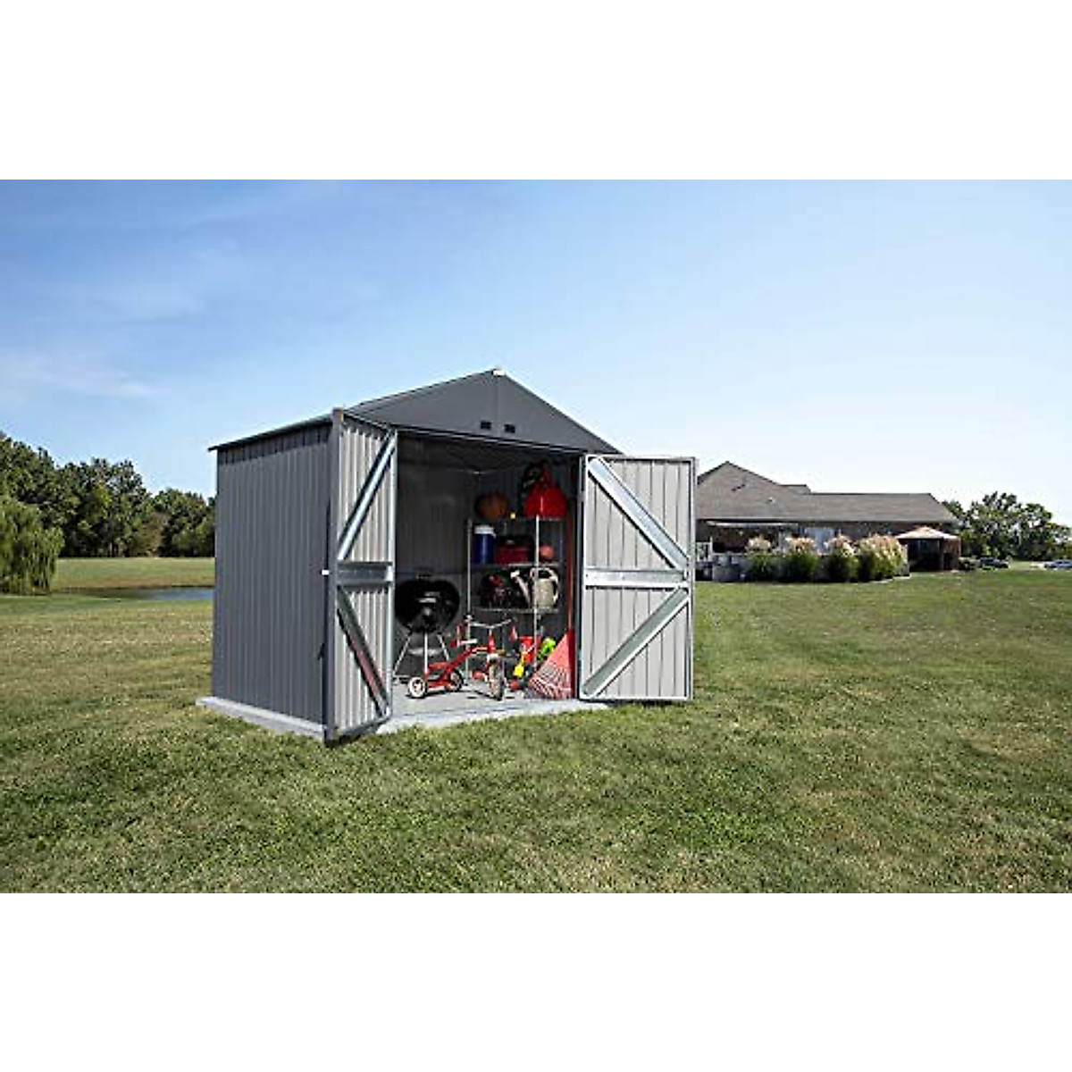 Arrow 8' x 6' Elite Steel Storage Shed with High Gable and Lockable Doors Storage Building - Anthracite