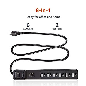 Amazon Basics 6-Outlet Surge Protector Power Strip with 2 USB Ports - 1000 Joule, Black