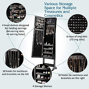 Giantex Jewelry Cabinet with Full-Length Mirror, Standing Jewelry Armoire Organizer with 64 Earring Slots, 20 Necklace Hooks, 72 Ring Slots, 4 Shelves for Makeup, 3 Angel Adjustable (Black)