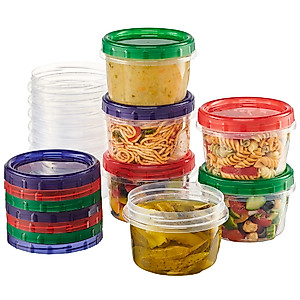 ELEGANT DISPOSABLES Twist Top Food Storage Containers 16 oz 12 Pack Plastic Freezer Storage Containers Leakproof Reusable with Screw on Colored Lids