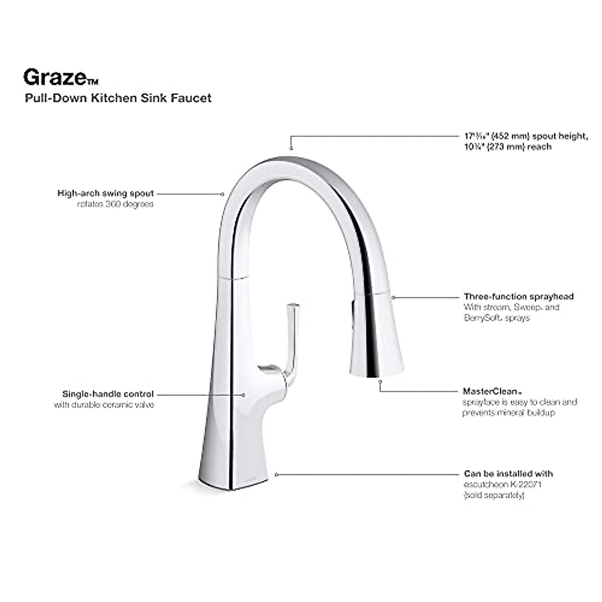 KOHLER 22062-VS Graze Pull-Down Kitchen Sink Faucet with Three-Function Sprayhead, Kitchen Faucet with Sprayer, Vibrant Stainless