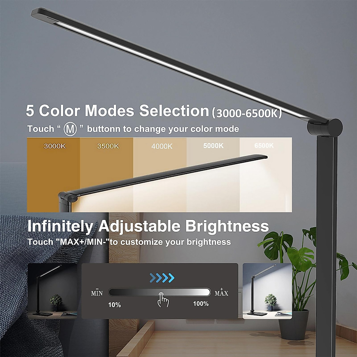 Jubangtong LED Desk Lamp with Wireless Charger，Phone Charging Lamp, Soft Reading Lamp, Fully Dimmable & Touch Console Table Lamp, Auto Timer,for Home Office & College Dorm Room