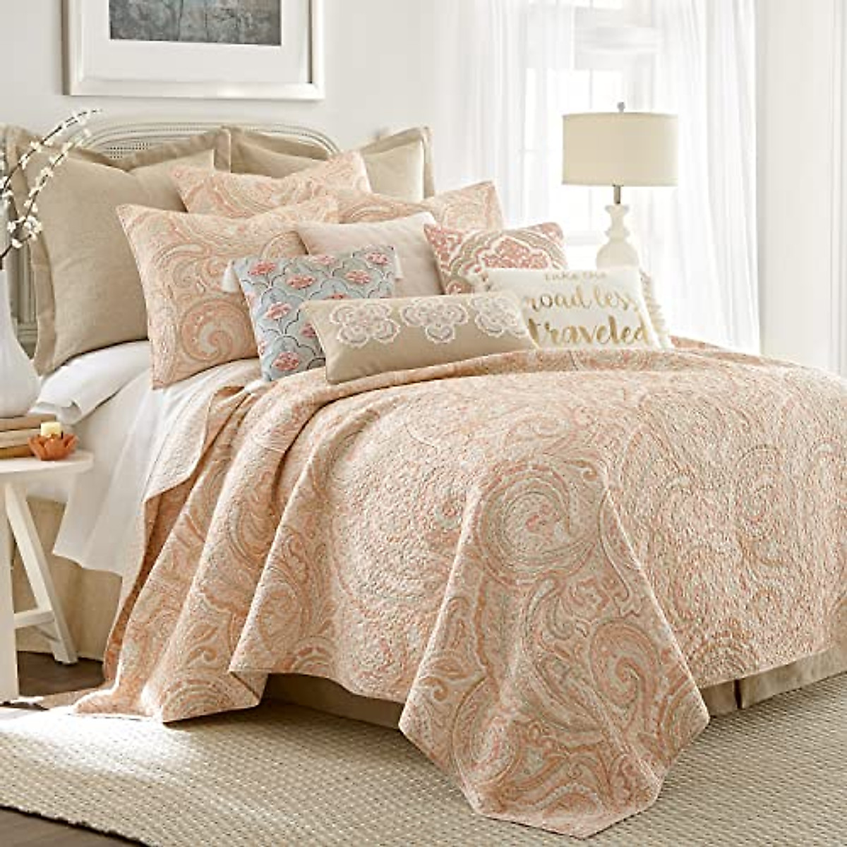 Levtex Home Spruce Coral Quilt Set - King Quilt + Two King Pillow Shams - Paisley Pattern in Coral and Tan - Quilt Size (106 x 92) and Pillow Sham Size (36 x 20) - Reversible Pattern - Cotton