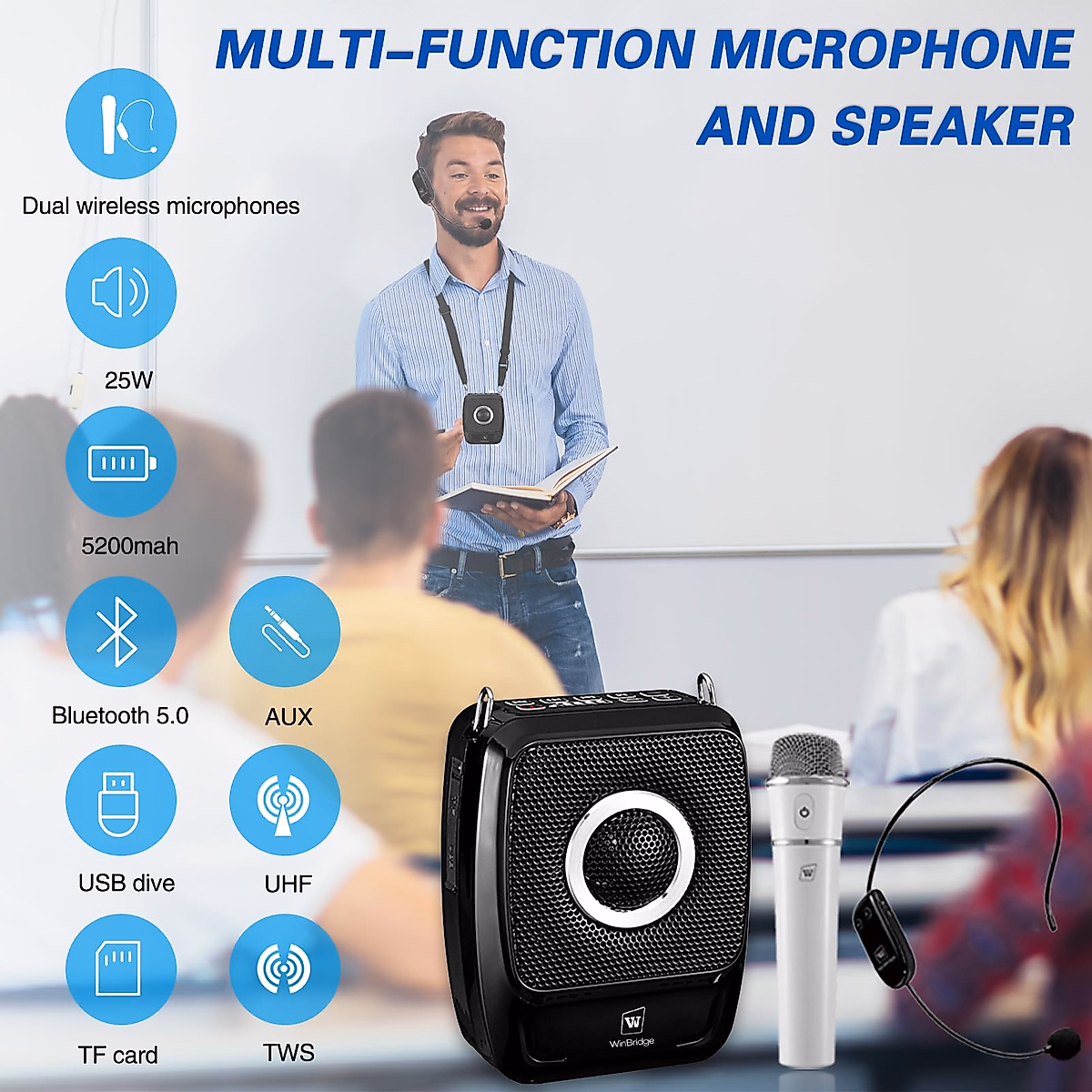 Bluetooth Voice Amplifier Personal Portable Pa System, 25W Megaphone Speaker with 2 Wireless Mics, Voice Amplifier with Wireless Microphone System for Teachers Teaching Singing Outdoor Indoor ect