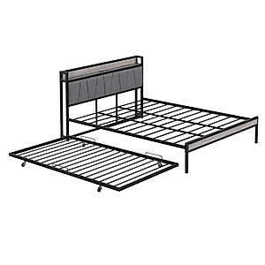 Anwick Metal Platform Bed Frame with Twin Size Trundle, Upholstered headboard, Sockets, USB Ports and Slat Support, No Box Spring Needed