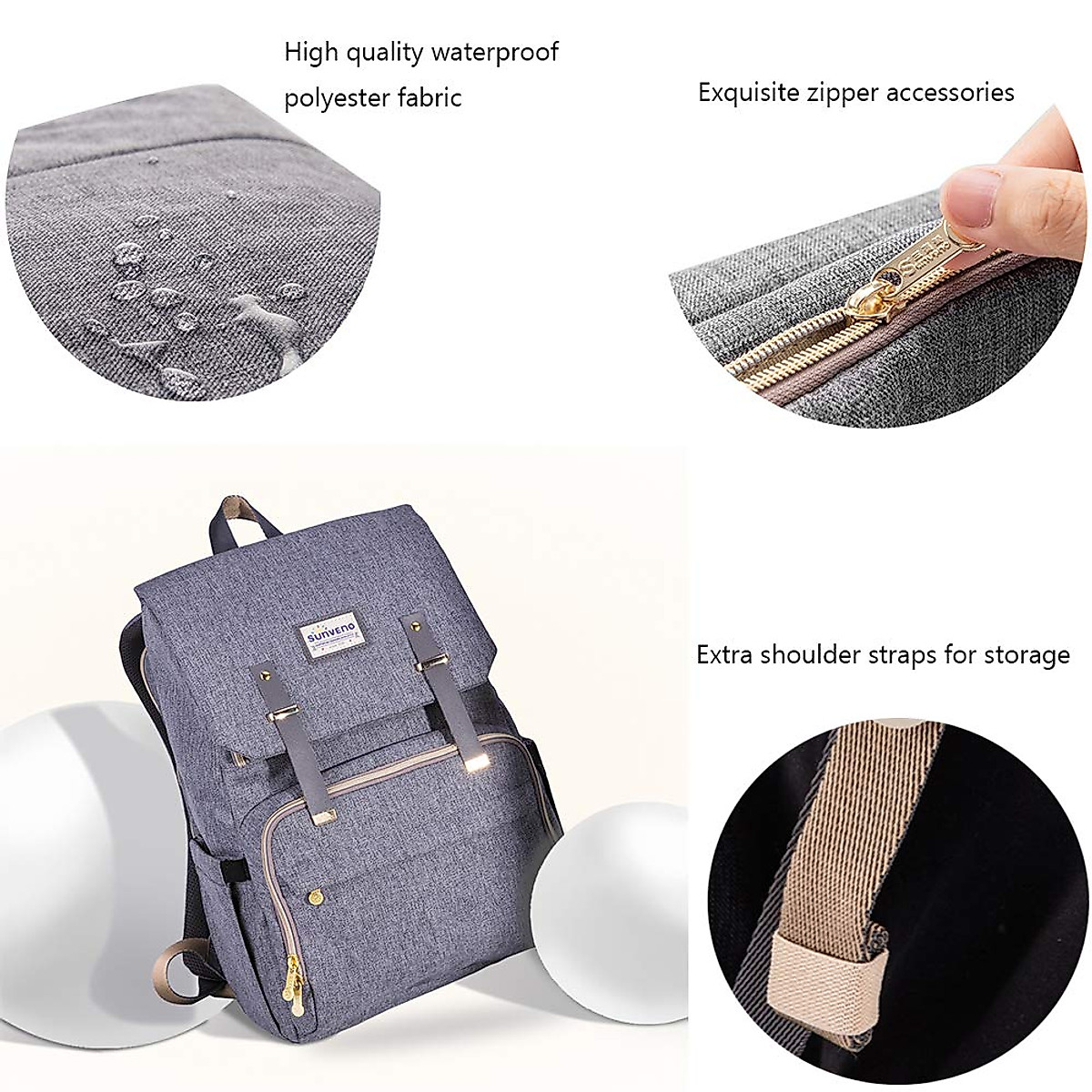 SUNVENO Baby Diaper Bag Backpack Nappy Changing Waterproof Function Organizer Large Stylish Mommy Bag Backpack (Gray)