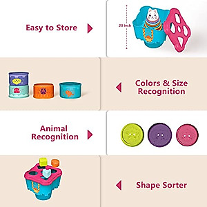 Baby Stacking Toys for Toddlers 1-3, Nesting Cups Shape Sorter for Infant 6 to 12-18 Months, Stackable Blocks Learning Toy with Rattle & Free Frog Bath Toy, Birthday Gifts for Kids 9-12 Month Girl Boy