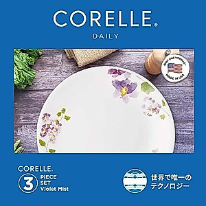 CORELLE CP-8942 3-Piece Set, Medium Plate, Deep Plate, Small Bowl, Break-Resistant, Lightweight, Microwave Safe, Oven Safe, Dishwasher Safe, Daily, Violet Mist