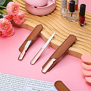 3 Pieces Stainless Steel Nail Files with Leather Case, Double Sided Metal Nail Files with Anti-Slip Handle, Metal Nail File Buffer Manicure Pedicure Tools for Fingernail Toenail (Rose Gold)