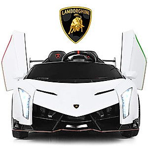 Costzon 2-Seater Ride on Car, Licensed Lamborghini Poison, 12V Battery Powered Car w/ 2.4G Remote Control, 3 Speed, Swing Mode, LED Lights, Horn, USB/MP3/TF, Electric Vehicle for Kids, White