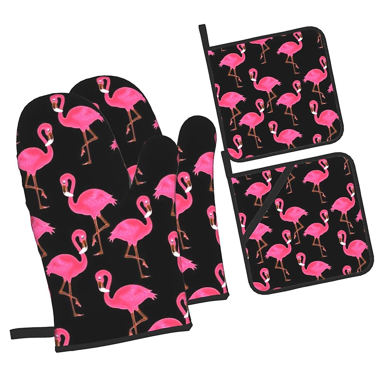 YILEQUAN Lovely Pink Flamingos Print Oven Mitts and Pot Holders Sets,Kitchen Oven Glove High Heat Resistant 500 Degree Oven Mitts and Potholder,Surface Safe for Baking, Cooking, BBQ,Pack of 4
