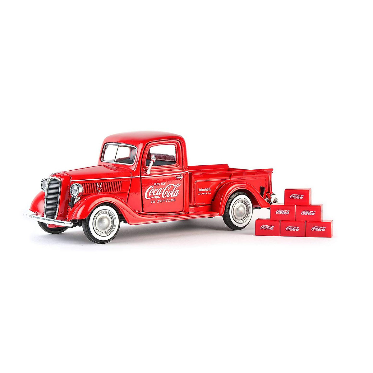 Coca-Cola 1937 Ford Pickup Truck, 6 Bottle Carton Accessories 1/24 Diecast Model Car Motorcity Classics, 7-inch Long, Red, Zinc