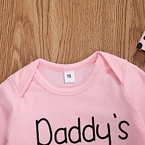ClickMeForMoreProducts Daddy's Little Girl Newborn Baby Girl Clothes Long Sleeve Romper Leopard Pants Headband 3 Piece Outfits Set (Pink A, 0-3 Months)