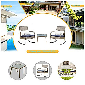 LOKATSE HOME 3 Pcs Outdoor Rattan Conversation Furniture Patio Bistro Wicker Set Modern Rocking Chair with Cushion & Coffee Table, Beige