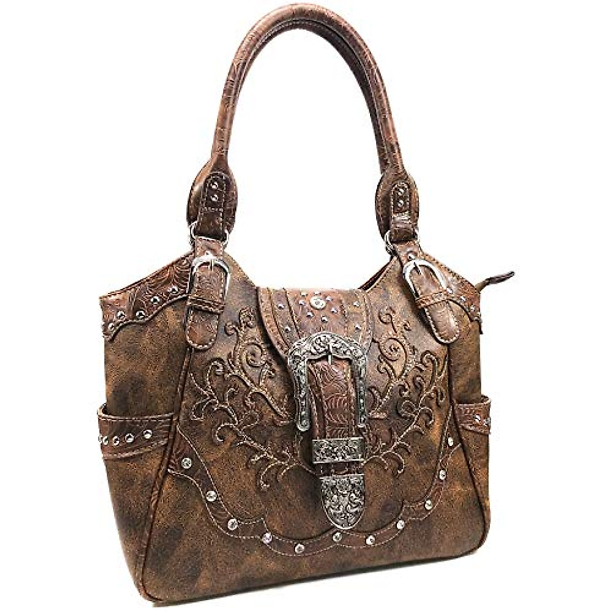 Zelris American Albino Western Floral Buckle Conceal Carry Women Tote Purse Handbag with Crossbody Wallet Set (Brown)