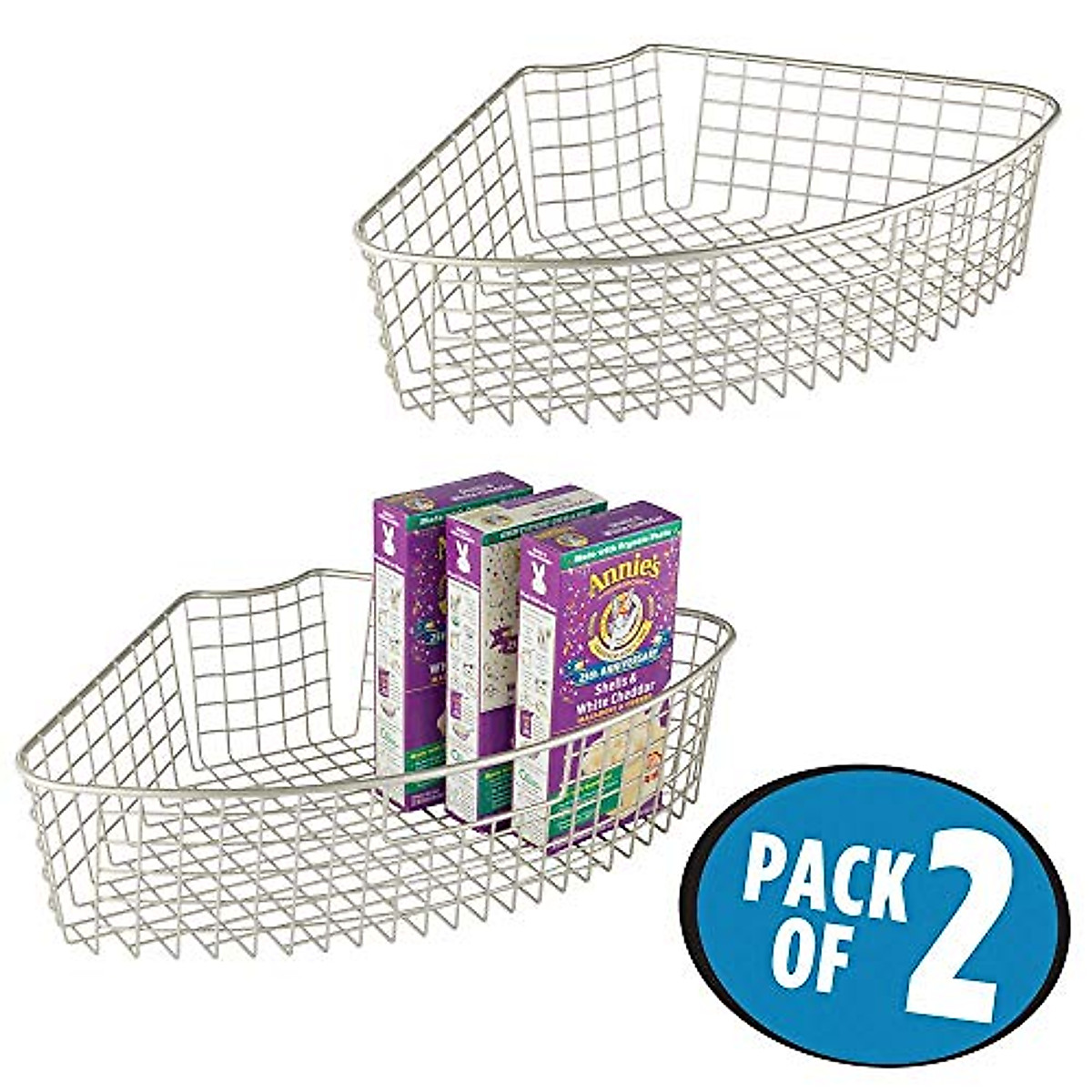 mDesign Wire Basket for Corner Cabinet Lazy Susan with Front Handle - Kitchen Cabinet, Shelf, and Pantry Corner Bin - 1/4 Wedge Metal Organizer for Lazy Susan - Concerto Collection - 2 Pack - Satin