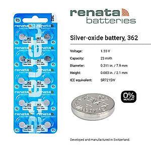 Renata 362 SR721SW Batteries - 1.55V Silver Oxide 362 Watch Battery (2 Count)