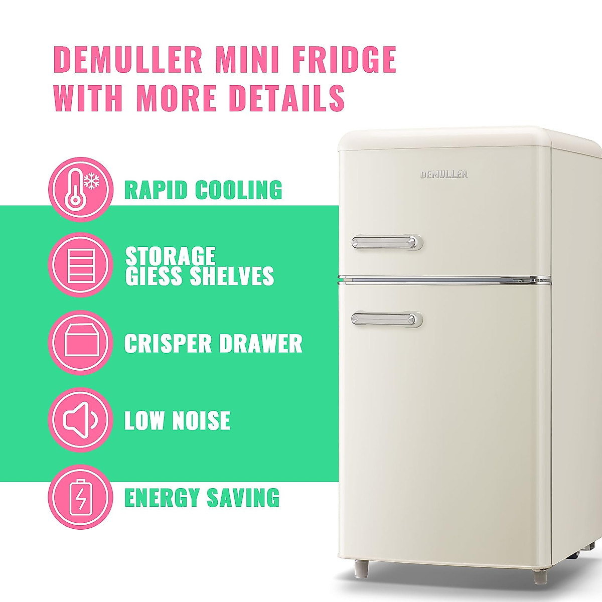 DEMULLER 3.5 Cu.ft Retro Mini Fridge with Freezer Dual Doors & Handles Compact Refrigerator with 7 Thermostat Control Freestanding Small Fridge with LED Light Cream