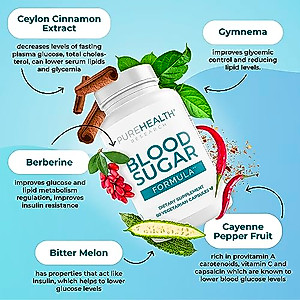 PUREHEALTH RESEARCH Glucose Balance Supplement - Blood Glucose Blend with Vitamin C, Magnesium, and Berberine for Men & Women, Increase Energy & Focus, Non-GMO, 60 Count